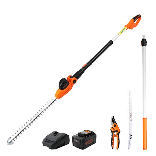 GARCARE Hedge Trimmers Cordless with Battery - Pole Hedge Trimmer with 20V 4.0Ah Li-Ion Battery & Quick Charger, 450mm Laser Cut Blade, 2.5M Pruning Saw & Garden Shears Included