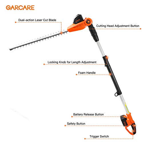 GARCARE Hedge Trimmers Cordless with Battery - Pole Hedge Trimmer with 20V 4.0Ah Li-Ion Battery & Quick Charger, 450mm Laser Cut Blade, 2.5M Pruning Saw & Garden Shears Included