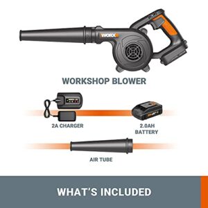 WORX 20V Cordless Jobsite Blower WX094L Compact Leaf Blower for Jobsite Garage Yards，2.0Ah Battery & Charger Included