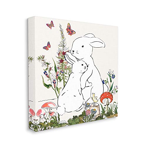 Stupell Industries Rabbit Hugs in Spring Meadow Butterfly Garden, Design by Sangita Bachelet Canvas Wall Art, 24 x 24, Off-White