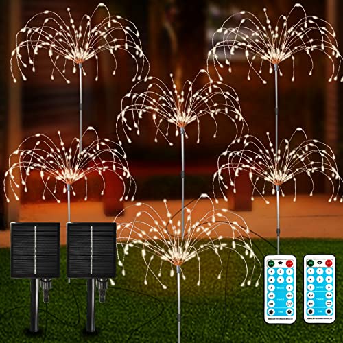 Outdoor Solar Garden Lights 6 Pack, 120 LED Copper Wire Light with Remote, 8 Lighting Modes Decorative Stake Landscape Light DIY Solar Firework Light for Garden Pathway Party Decor (Warm)