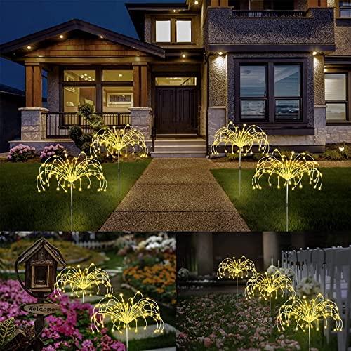 Outdoor Solar Garden Lights 6 Pack, 120 LED Copper Wire Light with Remote, 8 Lighting Modes Decorative Stake Landscape Light DIY Solar Firework Light for Garden Pathway Party Decor (Warm)