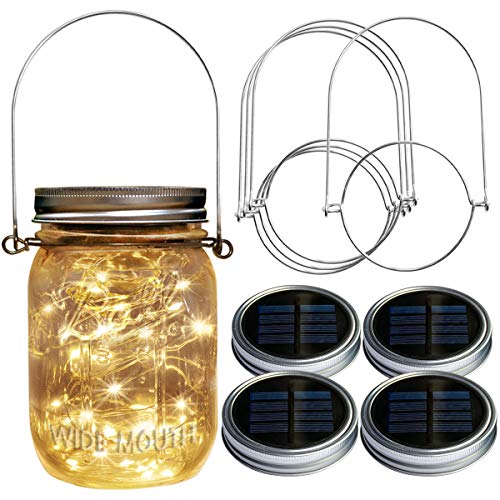 Homeleo 4 Pack Wide Mouth Mason Jar Solar Led Lights Insert Screw with Hangers, Warm White Waterproof Solar Fairy Lights for Outdoor Garden Decor Christmas Holiday Wedding Party(Jars Not Included)