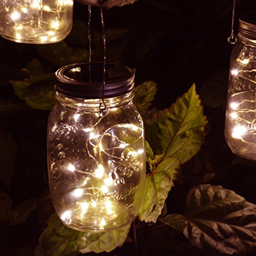 Homeleo 4 Pack Wide Mouth Mason Jar Solar Led Lights Insert Screw with Hangers, Warm White Waterproof Solar Fairy Lights for Outdoor Garden Decor Christmas Holiday Wedding Party(Jars Not Included)