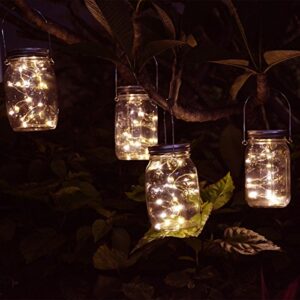 Homeleo 4 Pack Wide Mouth Mason Jar Solar Led Lights Insert Screw with Hangers, Warm White Waterproof Solar Fairy Lights for Outdoor Garden Decor Christmas Holiday Wedding Party(Jars Not Included)