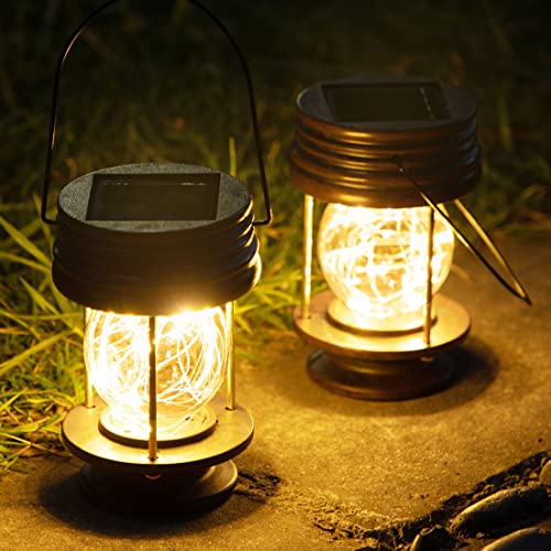 Solar Lanterns Outdoor Hanging - 2 Pack Waterproof Landscape Lights Solar Table Lamps with Retro Design, Warm LEDs Fairy Lights for Indoor Tabletop Patio, Garden, Yard, and Pathway Decoration