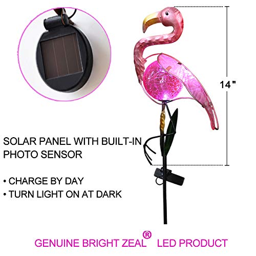 Bright Zeal 14" Tall Metal Pink Flamingo Garden Decor Solar Lights - LED Solar Stake Lights Garden Decorations - Solar Flamingo Lights Outdoor Decorative Stake - Solar Pink Flamingo Yard Ornaments