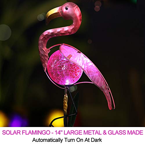 Bright Zeal 14" Tall Metal Pink Flamingo Garden Decor Solar Lights - LED Solar Stake Lights Garden Decorations - Solar Flamingo Lights Outdoor Decorative Stake - Solar Pink Flamingo Yard Ornaments