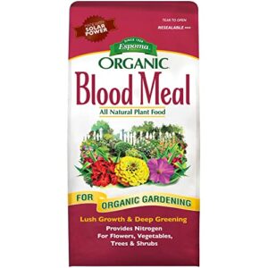 espoma organic blood meal fertilizer 12-0-0. all-natural plant food source of nitrogen for organic gardening. for flowers, vegetables, trees & shrubs. 3 lb bag.