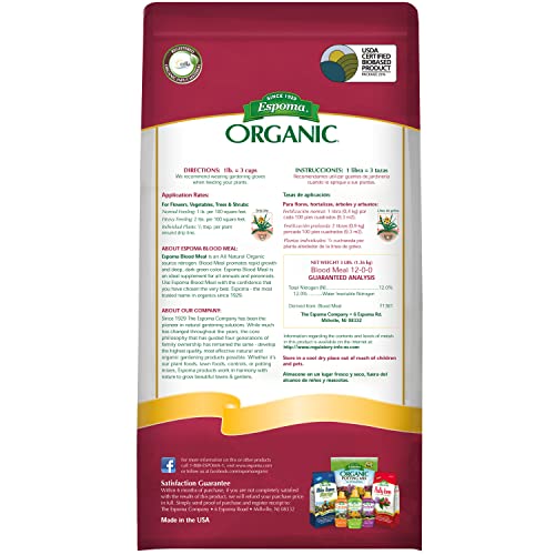 Espoma Organic Blood Meal Fertilizer 12-0-0. All-Natural Plant Food Source of Nitrogen for Organic Gardening. For Flowers, Vegetables, Trees & Shrubs. 3 lb Bag.