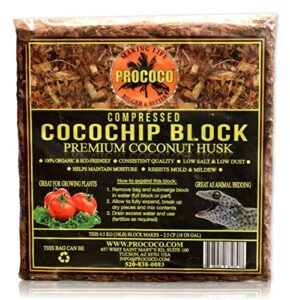 prococo compressed coconut husk coco coir chips natural cocochip block great for reptile bedding substrate, mulch for landscaping, garden, plant soil mixes 10 lbs