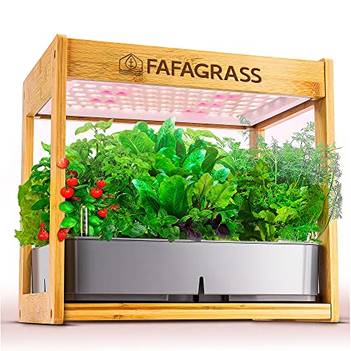 FAFAGRASS Indoor Garden Hydroponic Growing System, 12 Pods Herb Garden with Grow Light Self Watering System Cycle Timing Natural Bamboo Garden Planter Grower Harvest Vegetable Lettuce