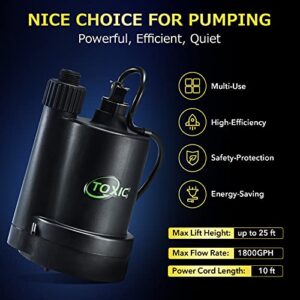 Water Pump Submersible Utility Pump Thermoplastic 1/4 HP Portable Electric Water Removal Drain Pump for Garden Tub Pond Basement Swimming Pool with 10-Foot Cord