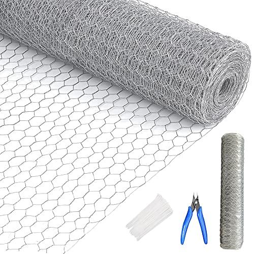 Chicken Wire Fencing Mesh 13.7 in x 237 in Poultry Wire Netting Hexagonal Galvanized Garden Fence Barrier for Pet Rabbit Chicken Fencing with 100 Pcs Cable Zip Ties and Mini Cutting Pliers