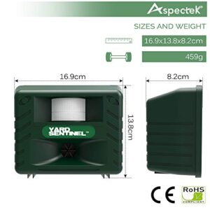 ASPECTEK Includes AC Adapter, Extension Cord Pest Repeller Yard Sentinel 2 Pack Outdoor Ultrasonic Animal Control, Green, Sound Frequency:15 kHz -18 kHz