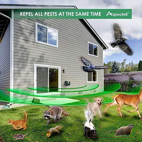 ASPECTEK Includes AC Adapter, Extension Cord Pest Repeller Yard Sentinel 2 Pack Outdoor Ultrasonic Animal Control, Green, Sound Frequency:15 kHz -18 kHz