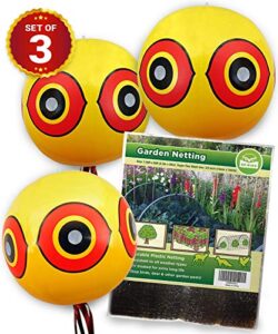 de-bird bundle includes: balloon bird repellent 3-pk scary eye balloons to keep birds away & heavy duty bird netting to protect plants