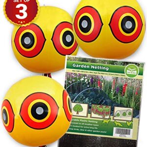 De-Bird Bundle Includes: Balloon Bird Repellent 3-Pk Scary Eye Balloons to Keep Birds Away & Heavy Duty Bird Netting to Protect Plants