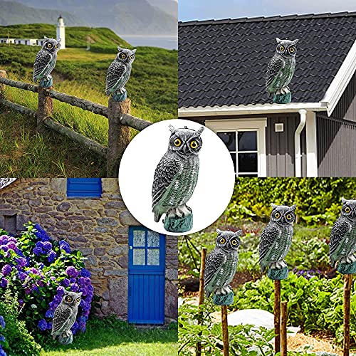 Christmas Owl Decoys to Scare Birds Away with 4 Pcs Hanging Reflective Bird Scare Spiral Rods, Plastic Fake Owl to Keep Birds Away