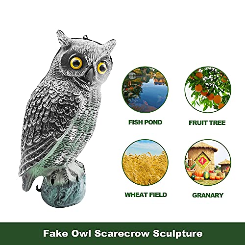 Christmas Owl Decoys to Scare Birds Away with 4 Pcs Hanging Reflective Bird Scare Spiral Rods, Plastic Fake Owl to Keep Birds Away