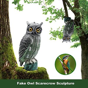 Christmas Owl Decoys to Scare Birds Away with 4 Pcs Hanging Reflective Bird Scare Spiral Rods, Plastic Fake Owl to Keep Birds Away