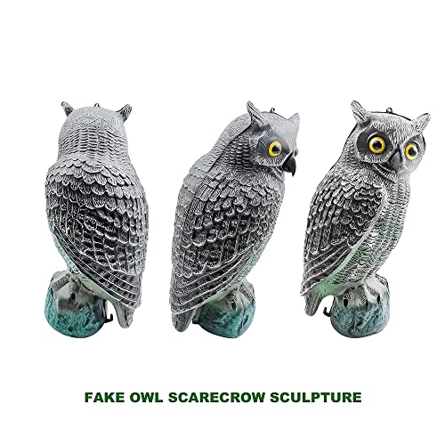 Christmas Owl Decoys to Scare Birds Away with 4 Pcs Hanging Reflective Bird Scare Spiral Rods, Plastic Fake Owl to Keep Birds Away