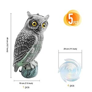 Christmas Owl Decoys to Scare Birds Away with 4 Pcs Hanging Reflective Bird Scare Spiral Rods, Plastic Fake Owl to Keep Birds Away