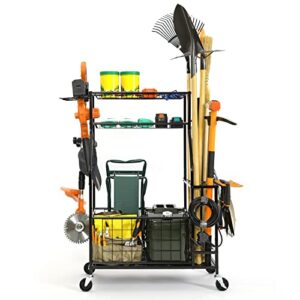 garden tool organizer for garage, garden tool rack on wheels, garage tool tower rack, yard tool holder for garage, shed, garden, garage, outdoor, heavy duty steel, black, garage organizer