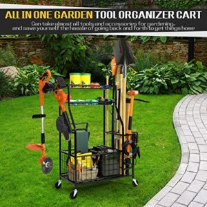 Garden Tool Organizer for Garage, Garden Tool Rack on Wheels, Garage Tool Tower Rack, Yard Tool Holder for Garage, Shed, Garden, Garage, Outdoor, Heavy Duty Steel, Black, Garage Organizer