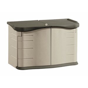 rubbermaid split-lid resin weather resistant outdoor storage shed, olive and sandstone, for garden/backyard/home/pool