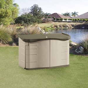 Rubbermaid Split-Lid Resin Weather Resistant Outdoor Storage Shed, Olive and Sandstone, for Garden/Backyard/Home/Pool