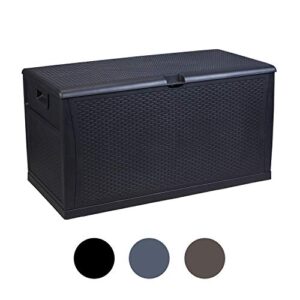 leisurelife plastic deck box wicker 120 gallon, black water-resistant storage container outdoor patio garden furniture