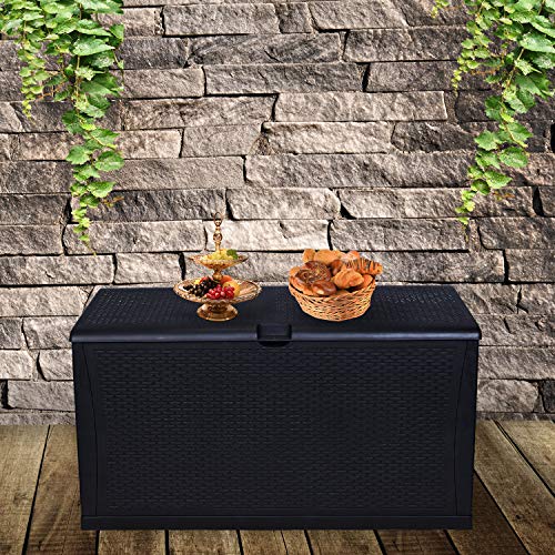 Leisurelife Plastic Deck Box Wicker 120 Gallon, Black Water-resistant Storage Container Outdoor Patio Garden Furniture