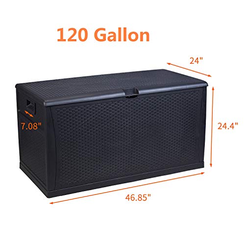 Leisurelife Plastic Deck Box Wicker 120 Gallon, Black Water-resistant Storage Container Outdoor Patio Garden Furniture