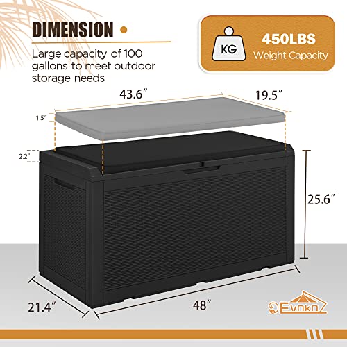 Devoko 100 Gallon Waterproof Large Resin Deck Box Outdoor Storage Box Indoor Lockable Storage Container with Cushion for Patio Furniture Garden Pool Cushions (Black)