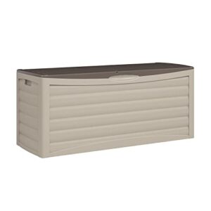 suncast resin 103-gallon large storage box with wheels-outdoor bin for gardening tools, seat cushions, and other accessories, store items on deck, patio, backyard, taupe