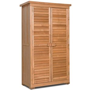 goplus outdoor storage cabinet, wooden garden shed with latch & detachable shelves & pitch roof, vertical organizer for outside yard patio deck