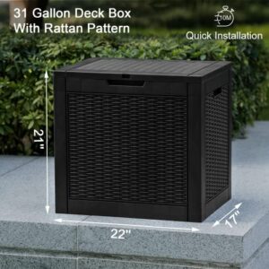 realife 31 Gallon Small Deck Box, Outdoor Waterproof Storage Box with Lock for Delivery, Patio, Pool Supplies and Garden Tools, Black