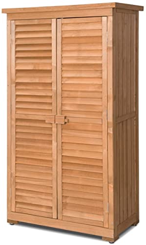 GRAFFY Outdoor Wooden Storage Shed, Garden Tools Cabinet with Shutter Design, Wooden Storage Cabinet with Tilted Asphalt Roof, for Garden, Yard, Patio