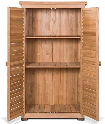 GRAFFY Outdoor Wooden Storage Shed, Garden Tools Cabinet with Shutter Design, Wooden Storage Cabinet with Tilted Asphalt Roof, for Garden, Yard, Patio