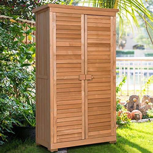 GRAFFY Outdoor Wooden Storage Shed, Garden Tools Cabinet with Shutter Design, Wooden Storage Cabinet with Tilted Asphalt Roof, for Garden, Yard, Patio