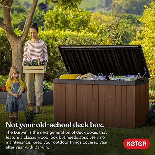 Keter Darwin 150 Gallon Resin Large Deck Box - Organization and Storage for Patio Furniture, Outdoor Cushions, Garden Tools and Pool Toys, Brown & Black