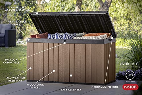 Keter Darwin 150 Gallon Resin Large Deck Box - Organization and Storage for Patio Furniture, Outdoor Cushions, Garden Tools and Pool Toys, Brown & Black