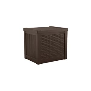 suncast 22-gallon small deck box – lightweight resin indoor/outdoor storage container and seat for patio cushions and gardening tools – store items on patio, garage, yard – java brown