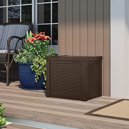 Suncast 22-Gallon Small Deck Box - Lightweight Resin Indoor/Outdoor Storage Container and Seat for Patio Cushions and Gardening Tools - Store Items on Patio, Garage, Yard - Java Brown