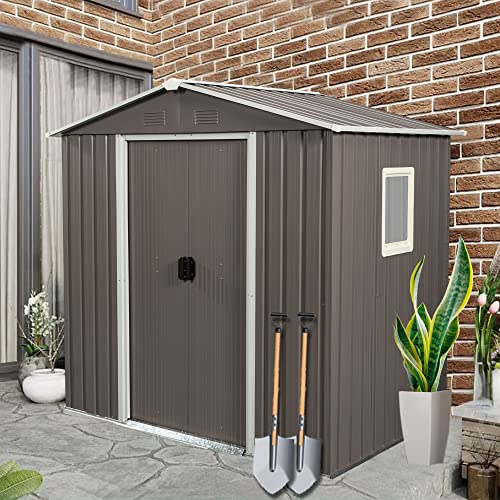 Outdoor Metal Storage Shed with Floor Frame,Metal Garden Shed with Sliding Door, Sun Protection, Waterproof, Tool Storage Shed, for Backyard, Patio, Lawn (Gray-6.23 x 4.3ft+Side Window)