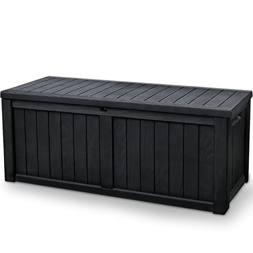 Patiowell 120 Gallon Deck Box, Waterproof Resin Large Outdoor Deck Storage Box for Patio Furniture, Pool Accessories, Toys, Garden Tools and Sports Equipment, Lockable, Black