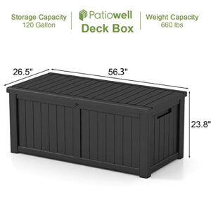 Patiowell 120 Gallon Deck Box, Waterproof Resin Large Outdoor Deck Storage Box for Patio Furniture, Pool Accessories, Toys, Garden Tools and Sports Equipment, Lockable, Black