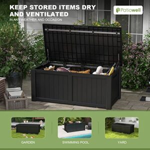 Patiowell 120 Gallon Deck Box, Waterproof Resin Large Outdoor Deck Storage Box for Patio Furniture, Pool Accessories, Toys, Garden Tools and Sports Equipment, Lockable, Black