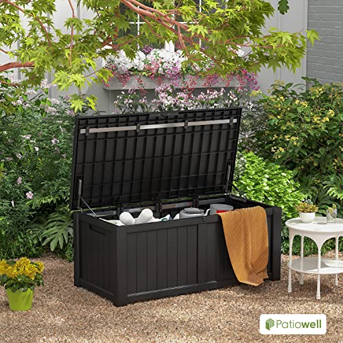 Patiowell 120 Gallon Deck Box, Waterproof Resin Large Outdoor Deck Storage Box for Patio Furniture, Pool Accessories, Toys, Garden Tools and Sports Equipment, Lockable, Black